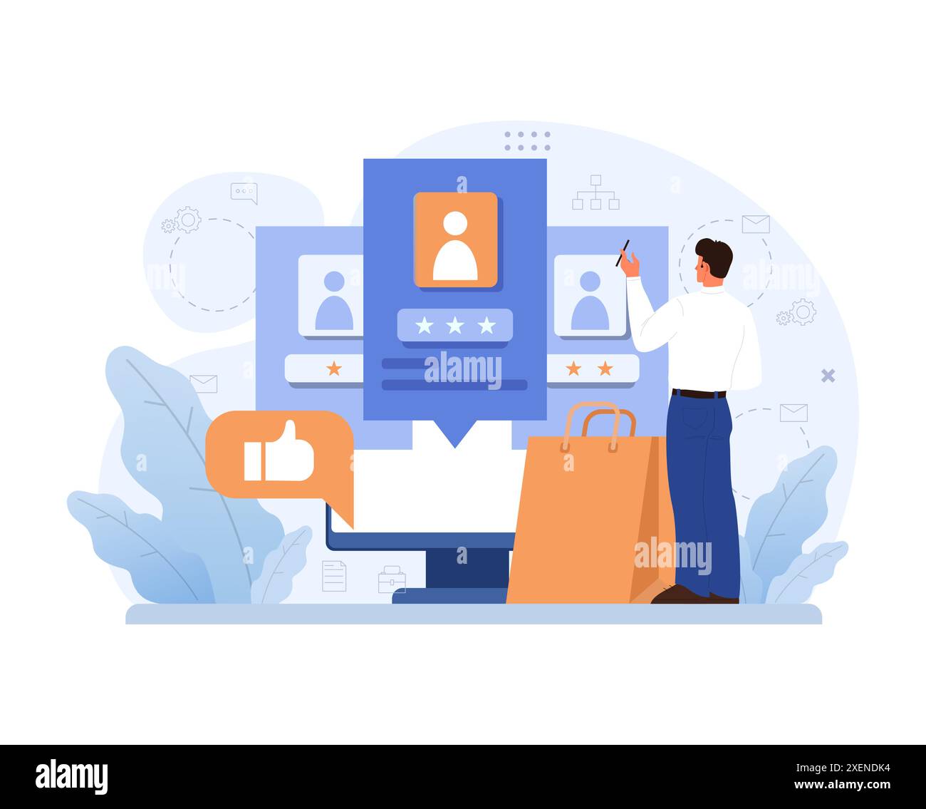 E-store and e-commerce. Entrepreneur selling goods and gaining profit ...