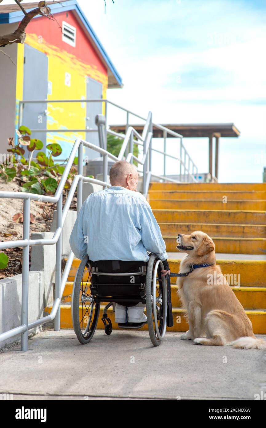 Paraplegic man in a manual wheelchair at the bottom of steps with his ...