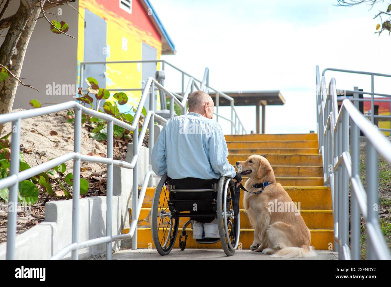 Paraplegic man in a manual wheelchair at the bottom of steps with his ...