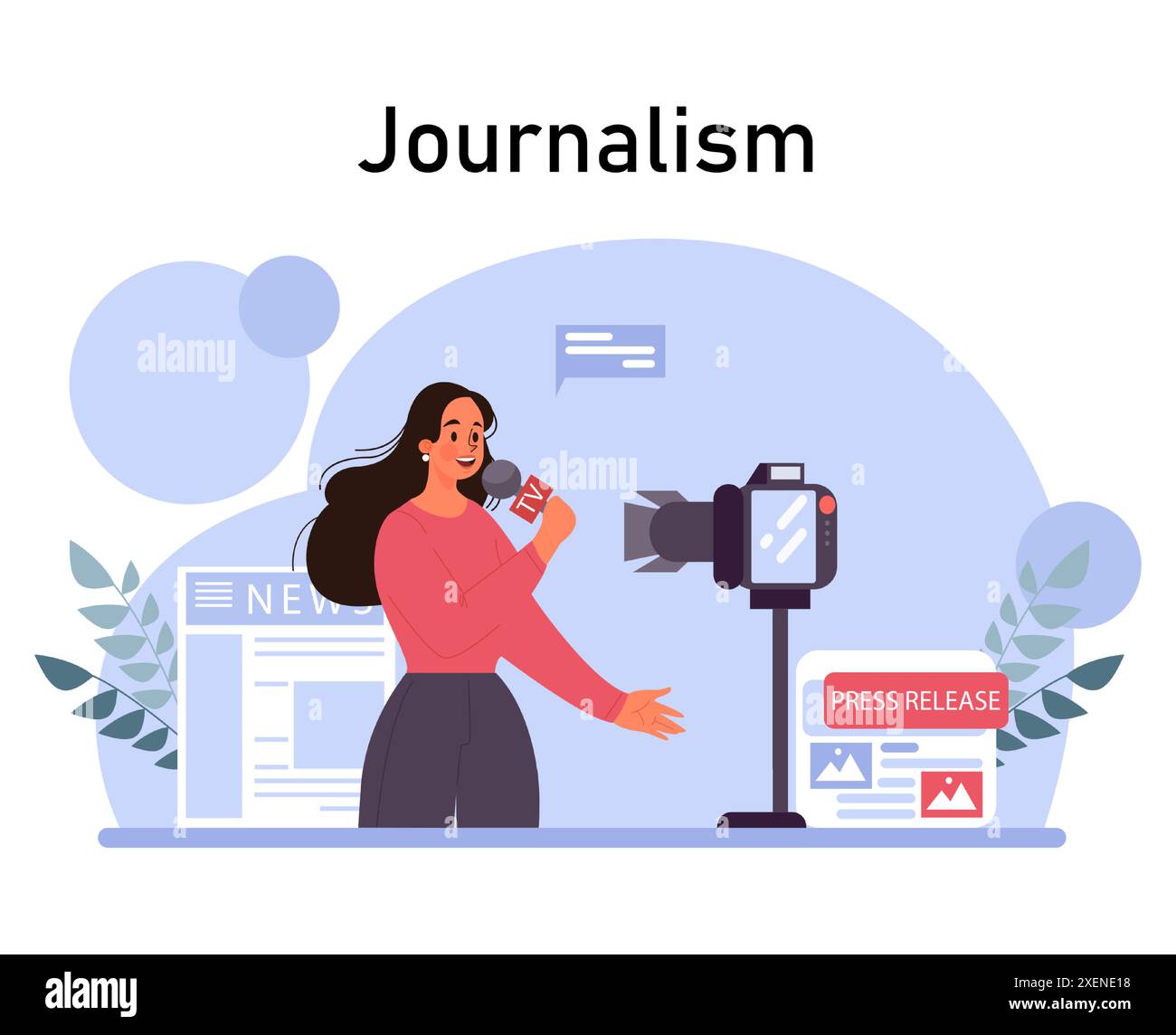 Journalism. TV reporter announce news with a microphone. Mass media ...