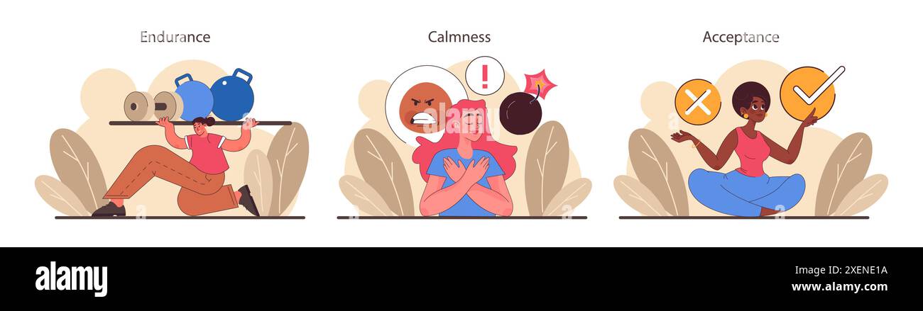 Patience set. Calm person meditating and finding balance. Mental or ...