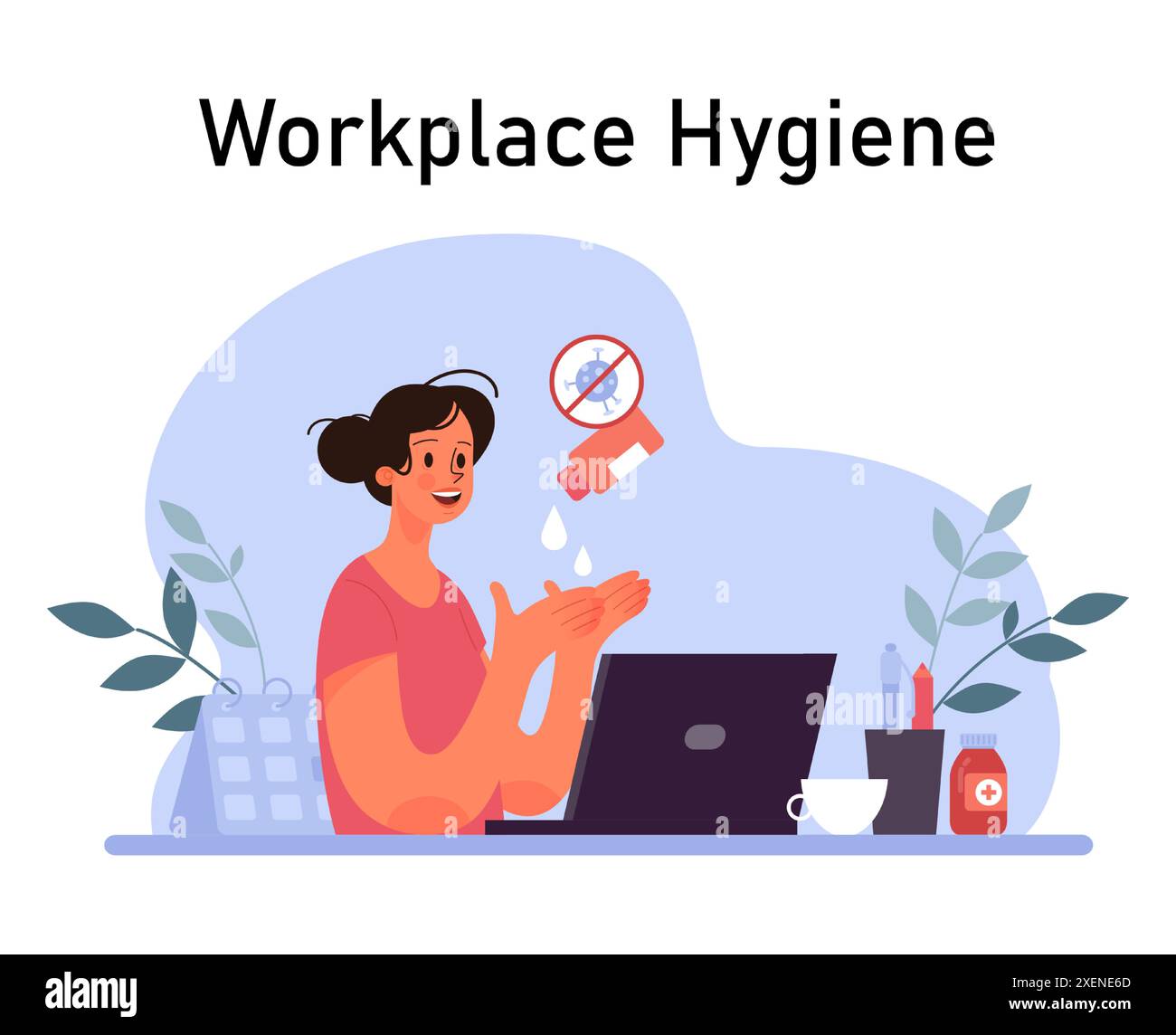 Workplace hygiene. Woman cleaning her hand with sanitizer working on ...