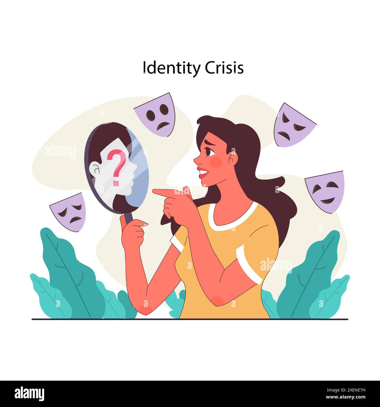 Peer pressure concept. Confused woman looking in mirror at unknown ...