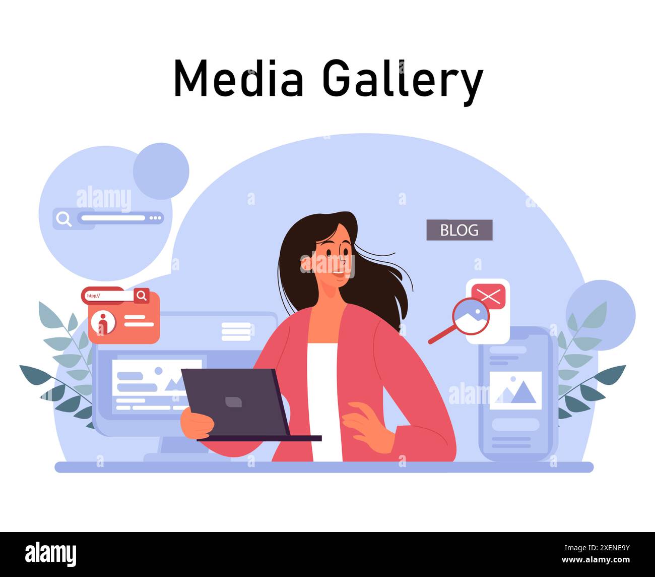 Woman using digital devices. Character consuming the content in mass ...