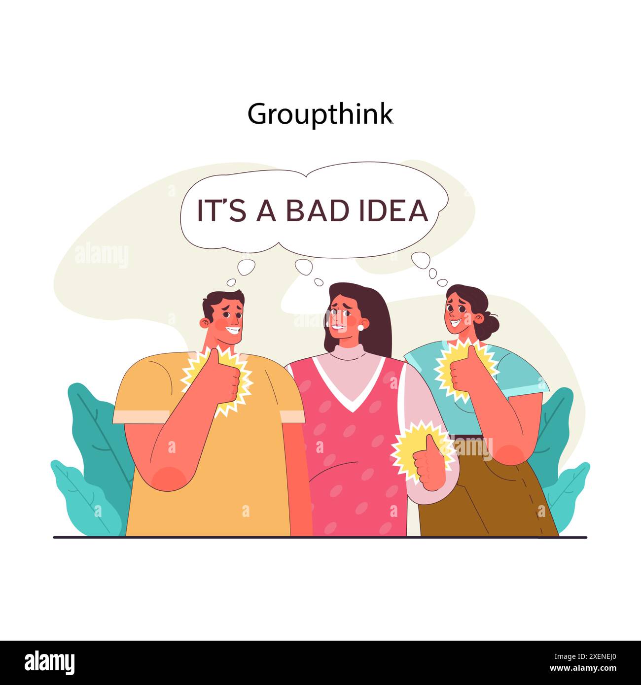 Peer pressure concept. Three individuals supporting a questionable idea ...