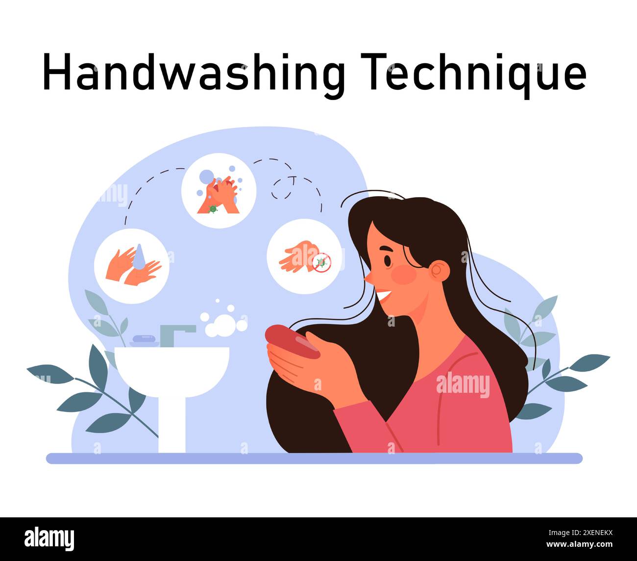 Hand-washing technique. Woman washing hands. Antibacterial soap using ...