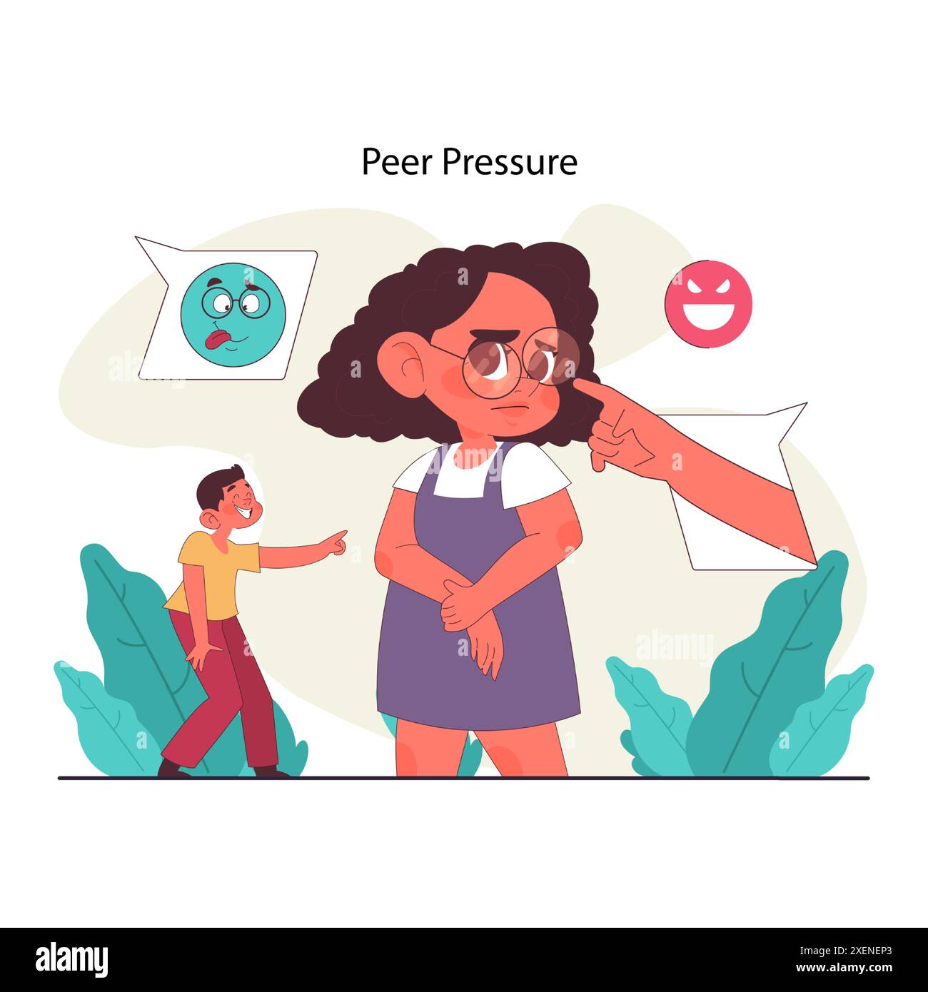 Peer pressure concept. Young girl being pointed at and teased, with ...