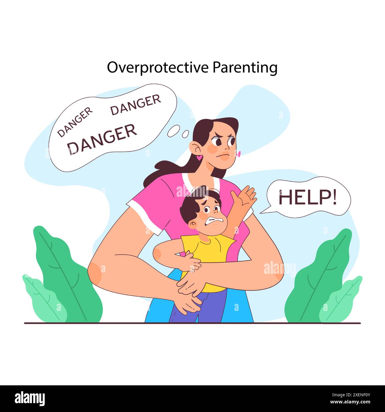 Overprotective parenting. Anxious mother shields a scared child, seeing ...