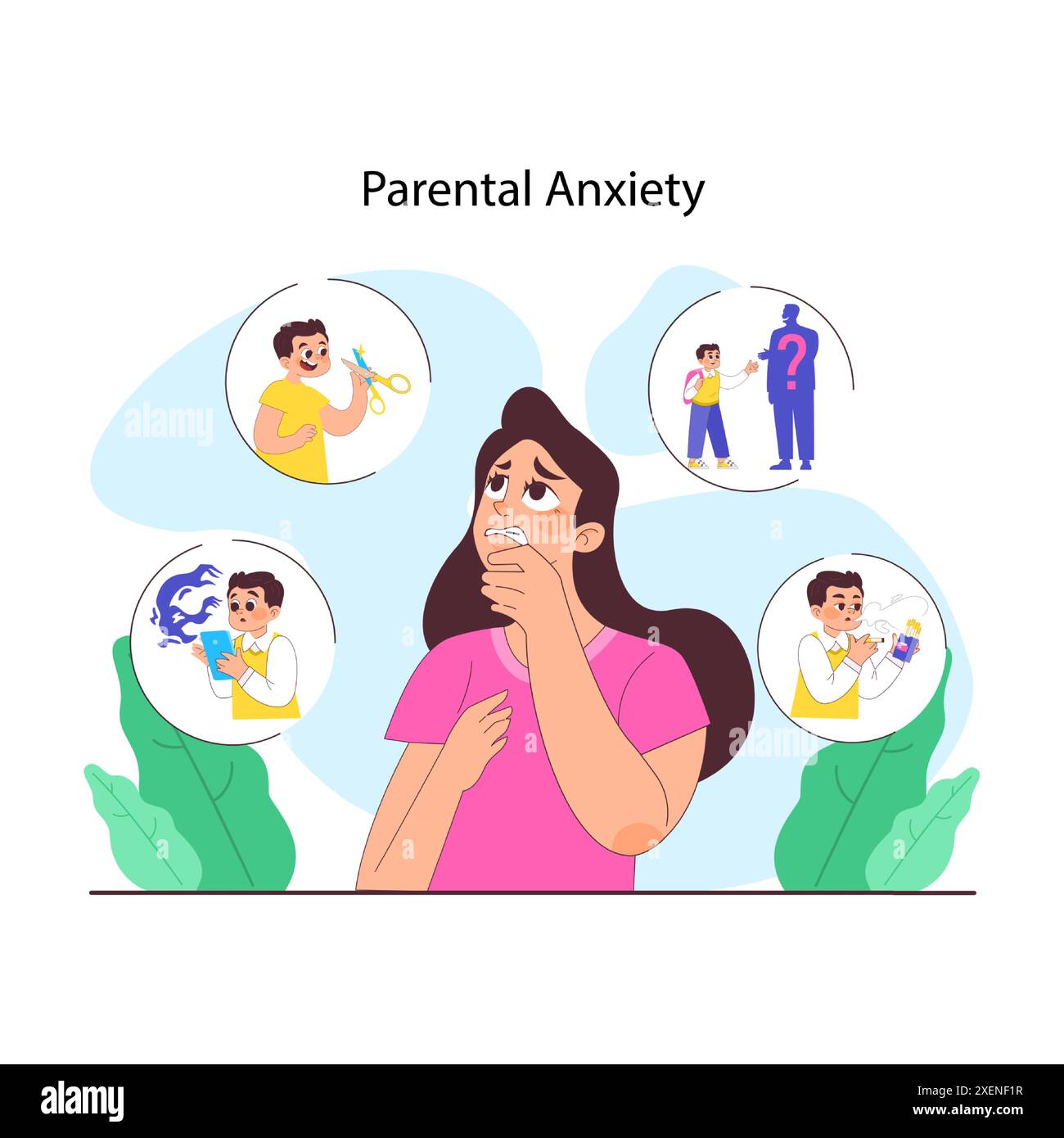 Overprotective parenting. Worried mother visualizes various scenarios ...