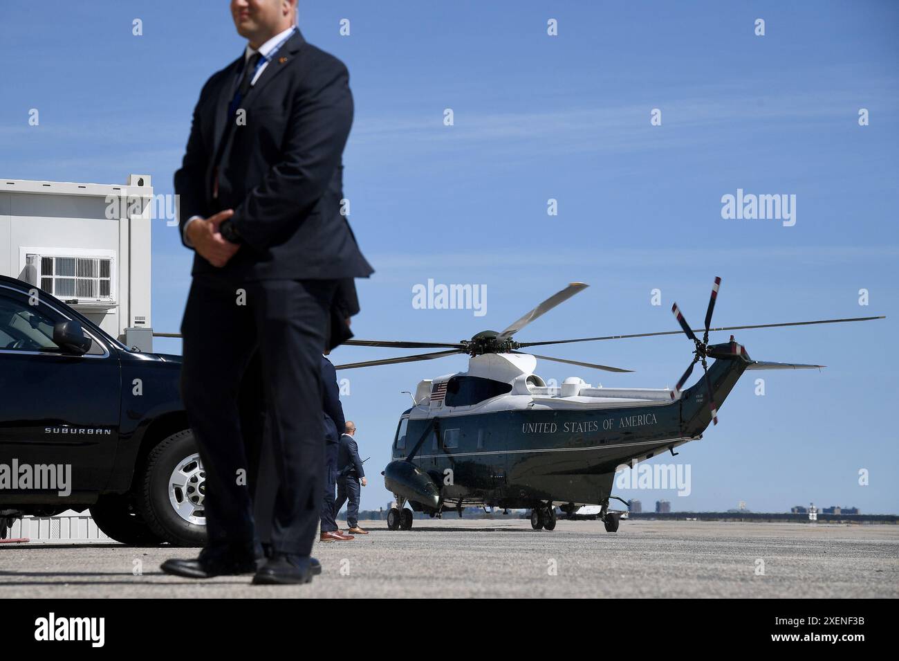 New York, USA. 28th June, 2024. Members of the Secret Service stand in ...