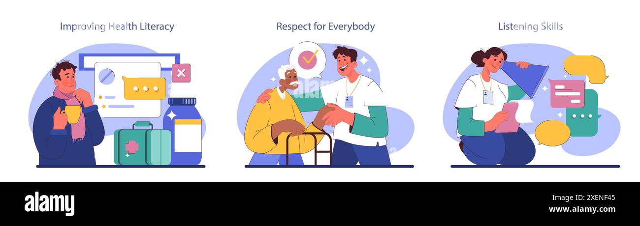 Humanizing healthcare set. Modern hospital and physician approach on ...