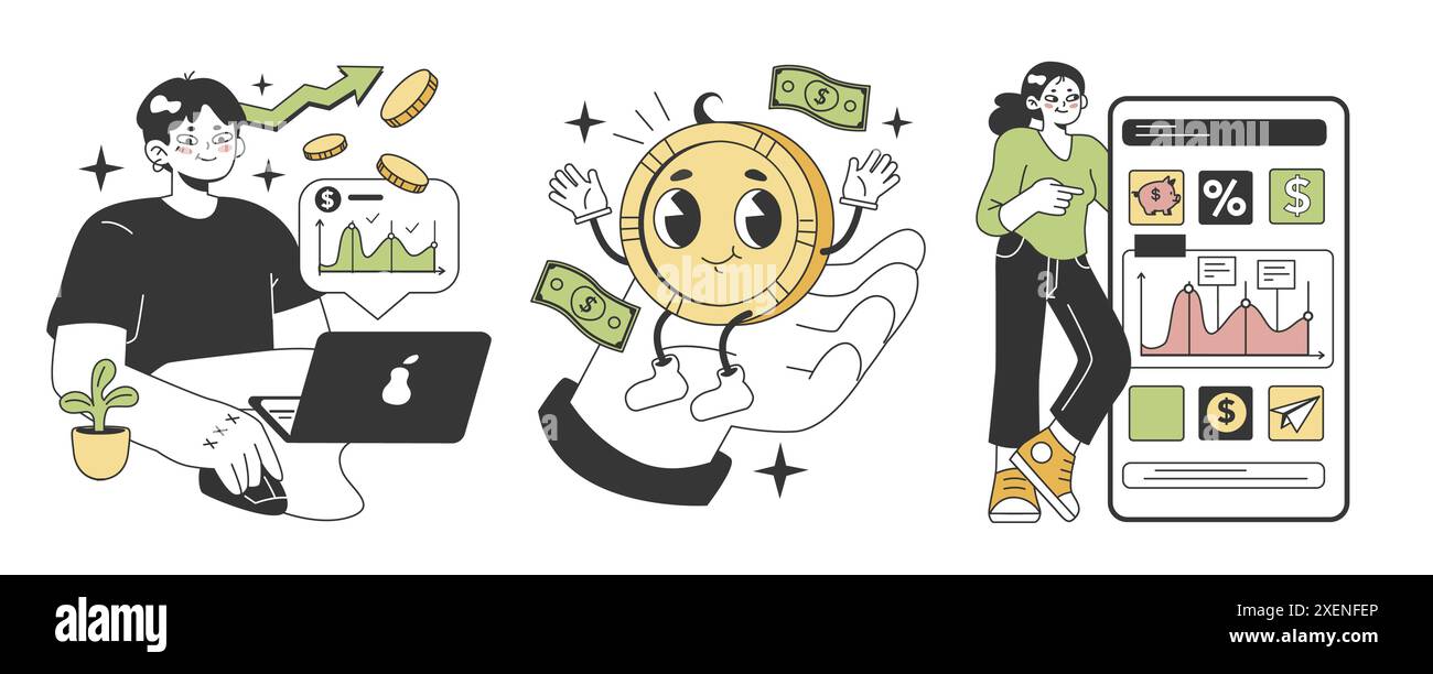 Financial literacy set. Personal budget development, money planning and ...