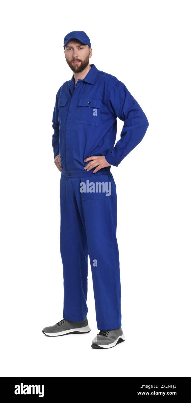 Professional auto mechanic in blue uniform on white background Stock ...