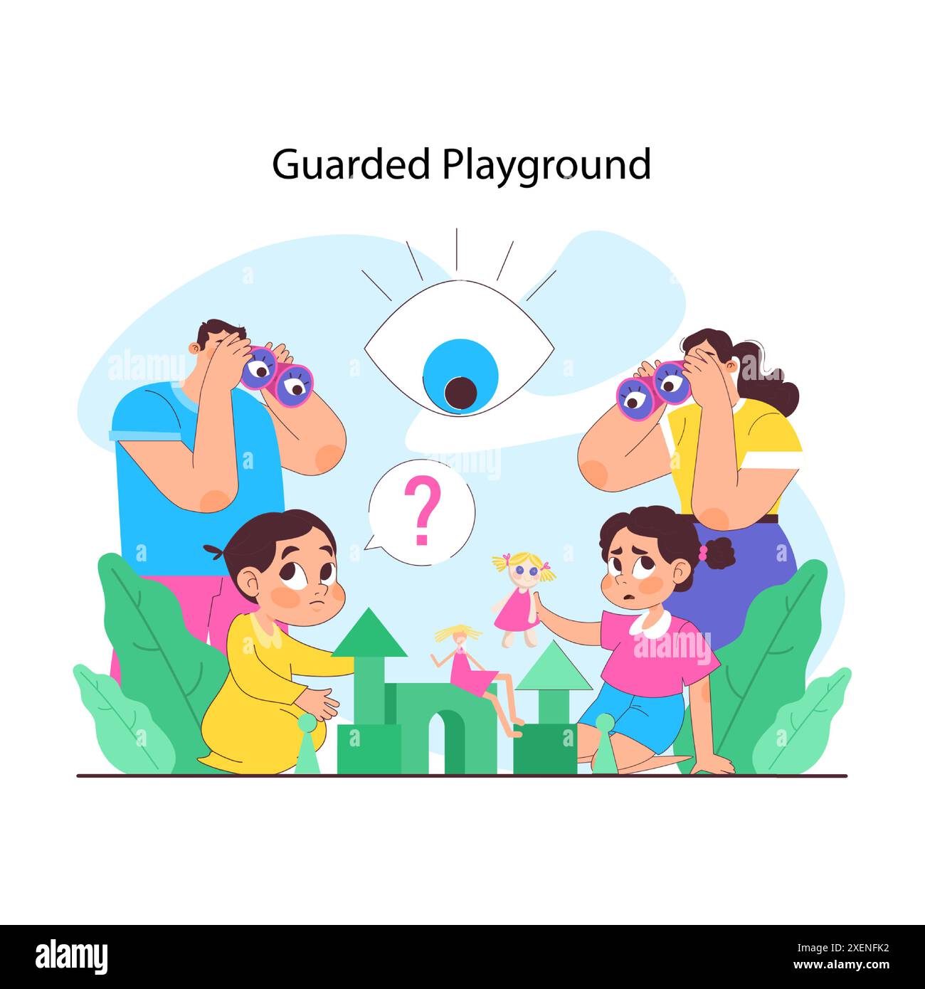 Overprotective parenting concept. Over-watchful parents with binoculars ...