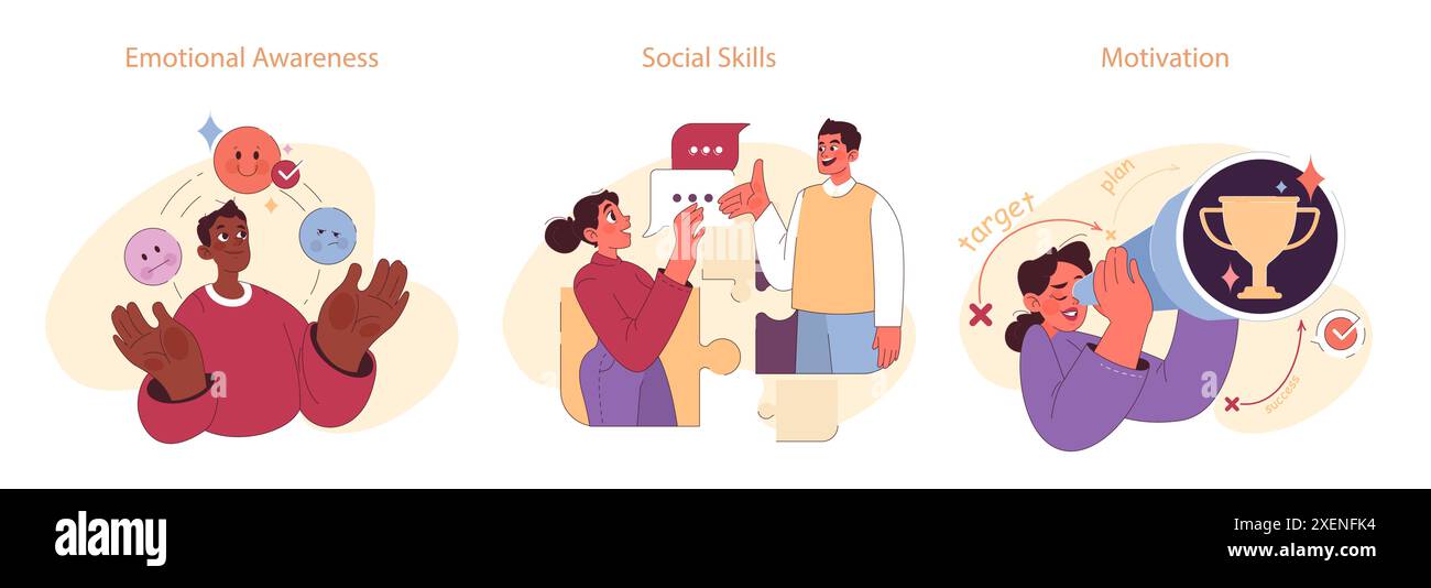 Emotional intelligence set. Diverse young characters soft social skill ...