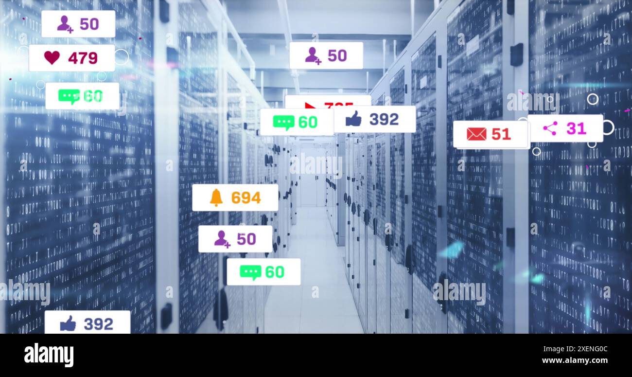 Image of social media icons floating against mosaic squares over computer server room Stock ...