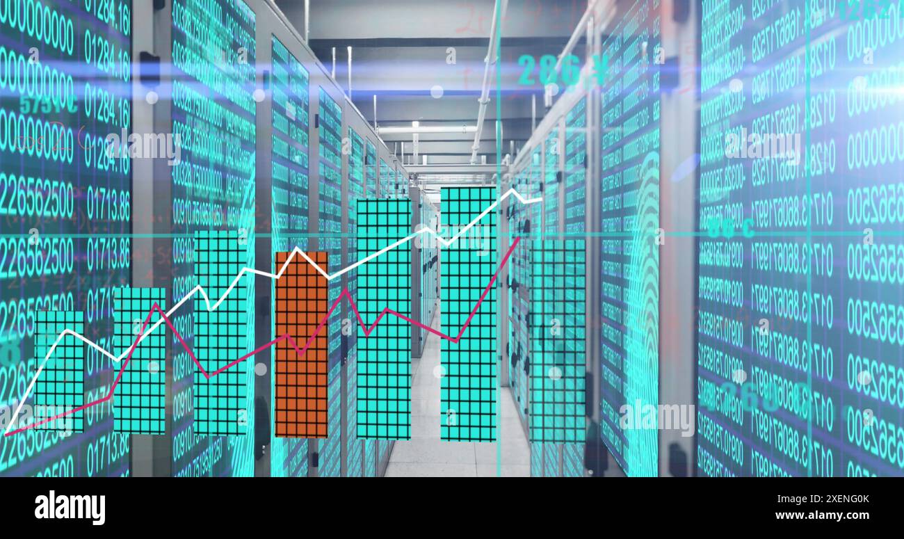 Image Of Statistical Data Processing Against Biometric Fingerprint Scanner Over Server Room