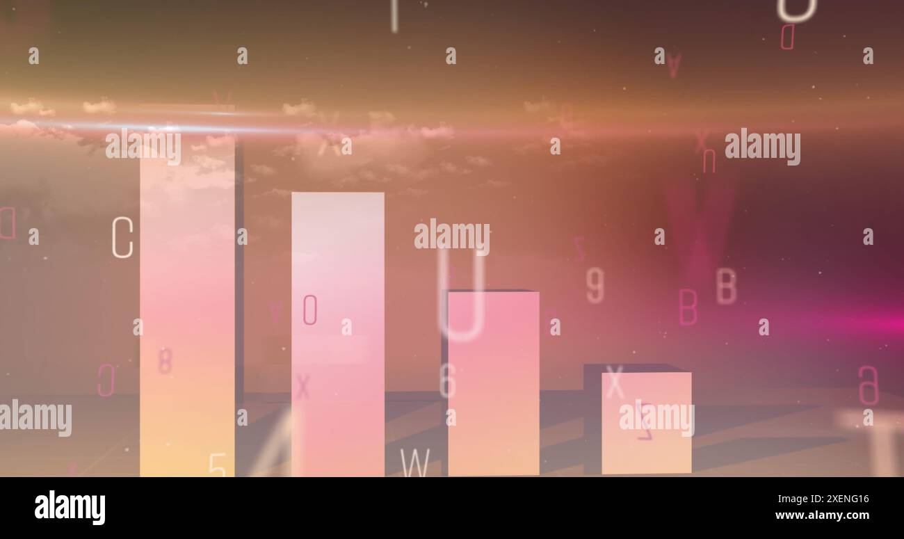 Image of statistical data processing over changing numbers and alphabets on pink background ...