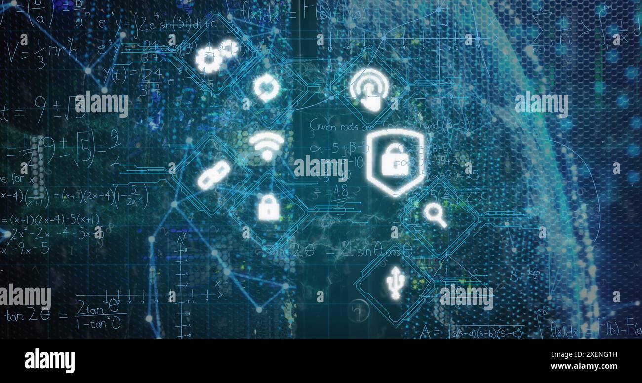 Image of digital icons, mathematical equations and network of ...