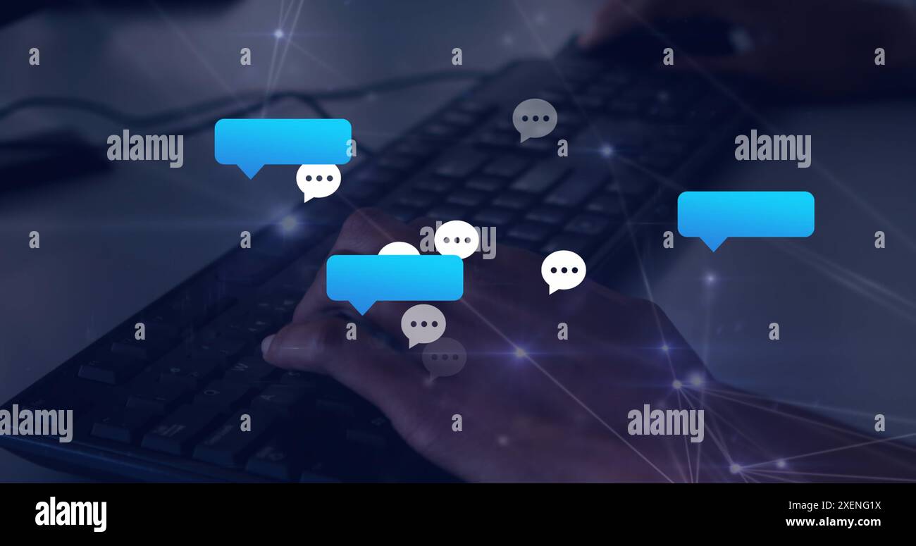 A person is typing on a keyboard in front of a glowing, abstract ...