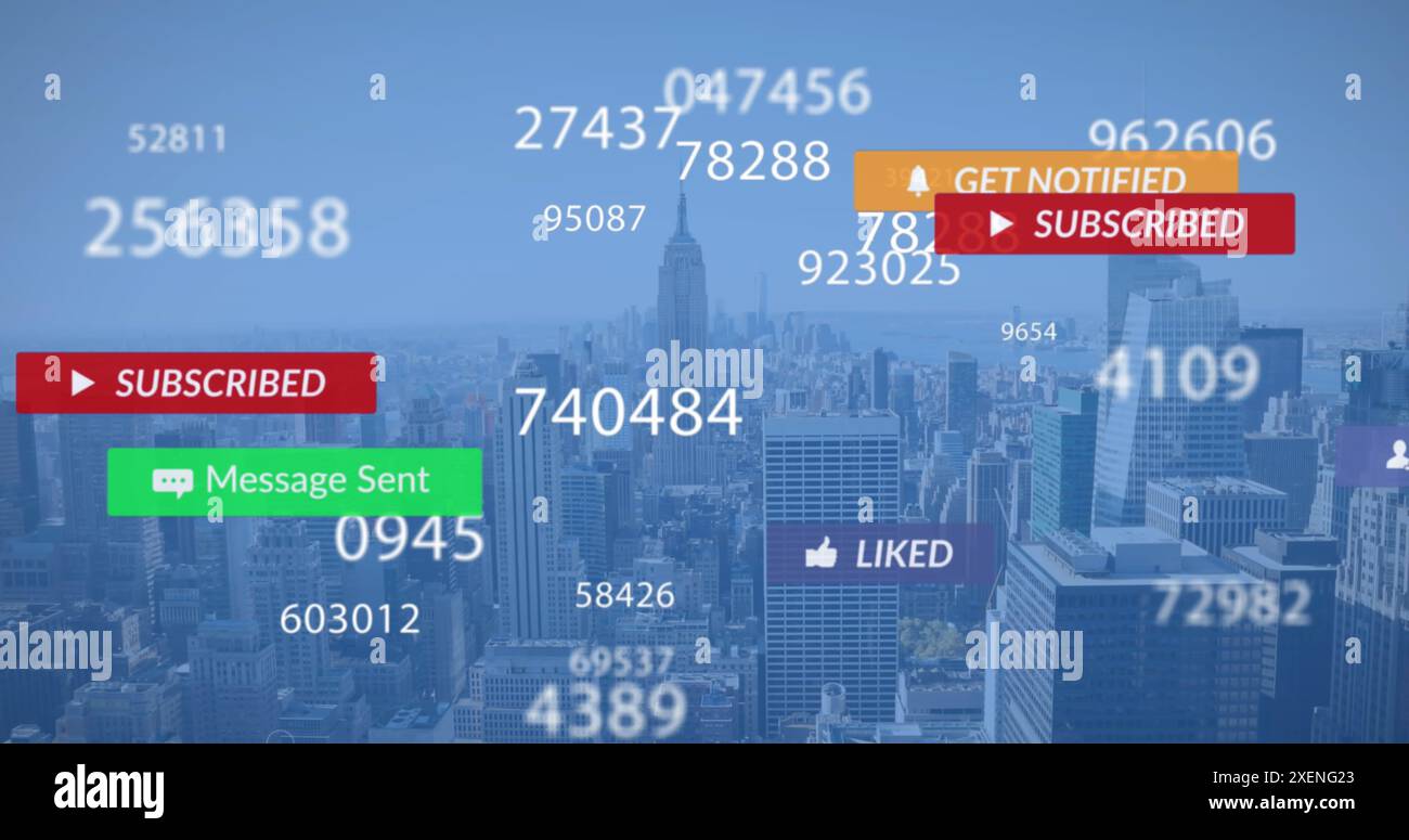 Image of changing numbers and social media icons floating against aerial view of cityscape Stock ...