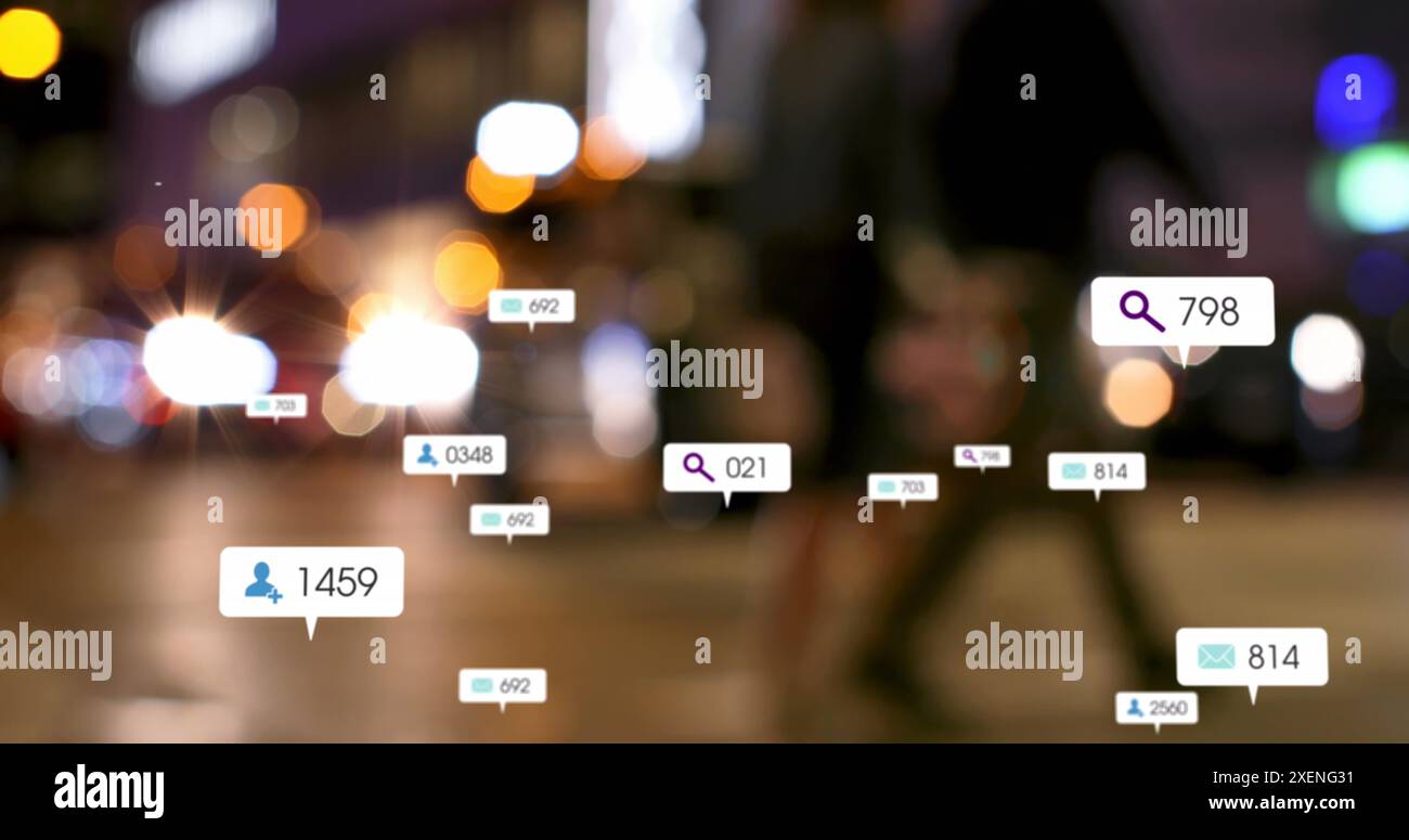 Image of notification labels over blurred vehicle stopped on signal and ...