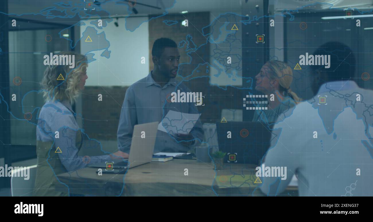 Image of world map over african american man discussing with diverse ...