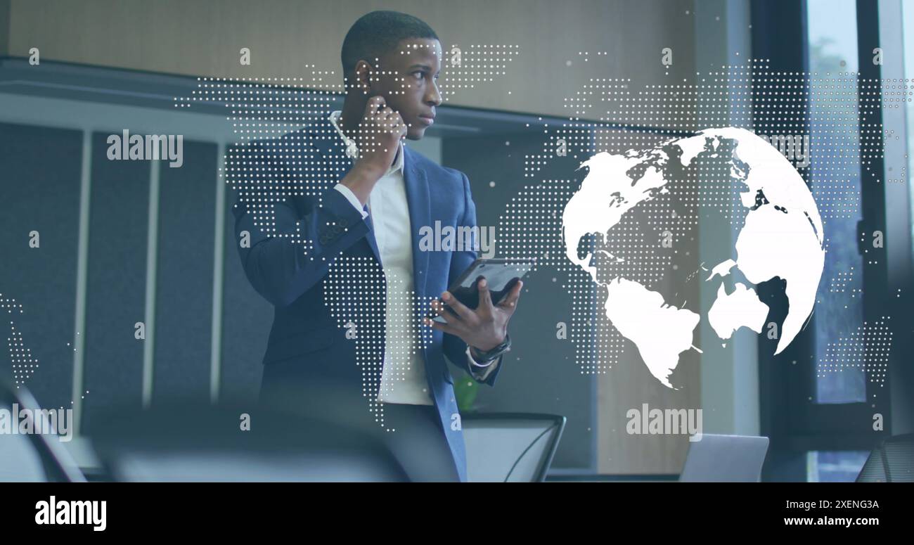 Image of spinning globe and world map over african american businessman ...