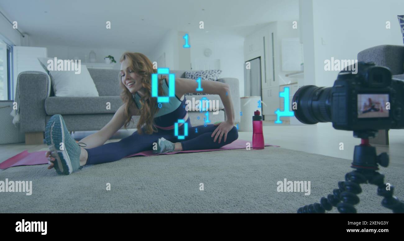 Image Of Looping Binary Codes Caucasian Woman Recordings Stretching Exercise On Image Recorder