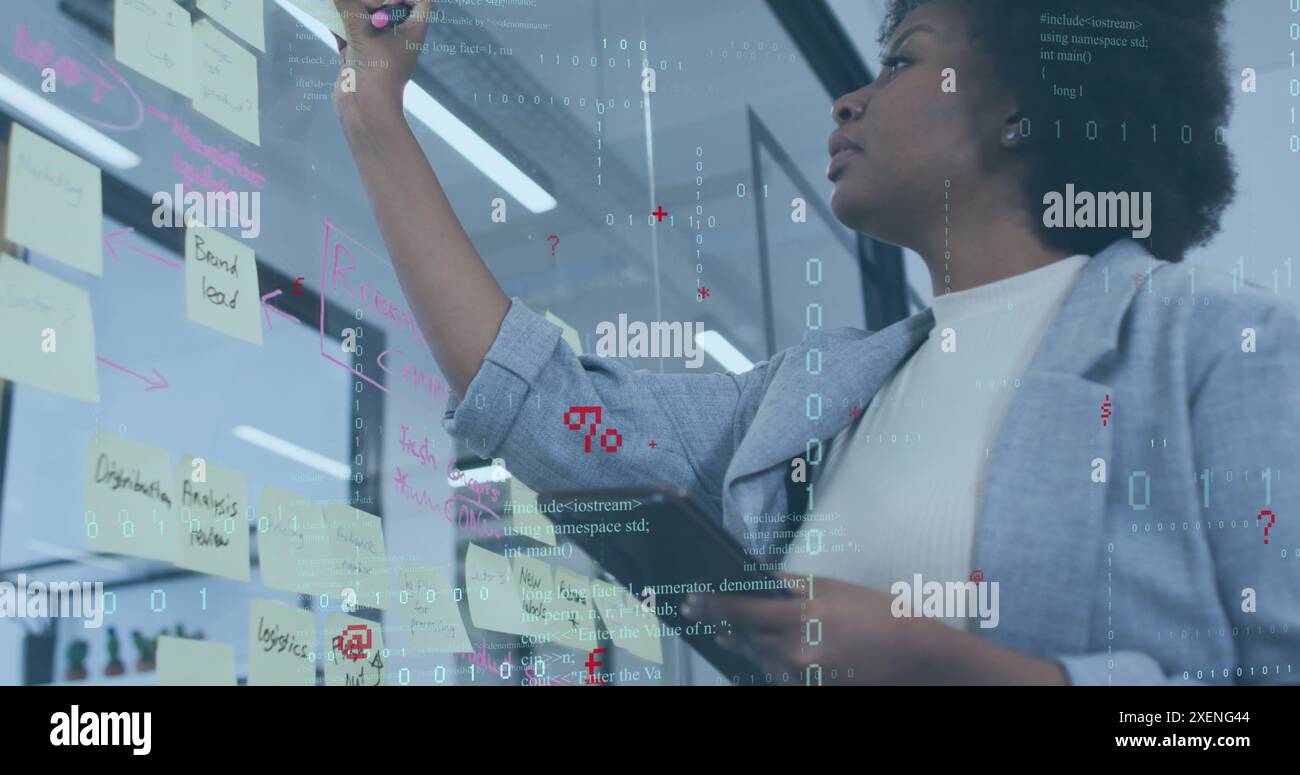 Image of computer language, binary codes over african american woman ...