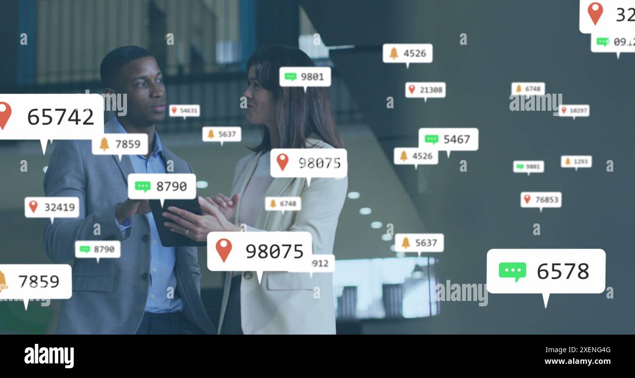 Image of notification icons with numbers, diverse coworkers discussing ...