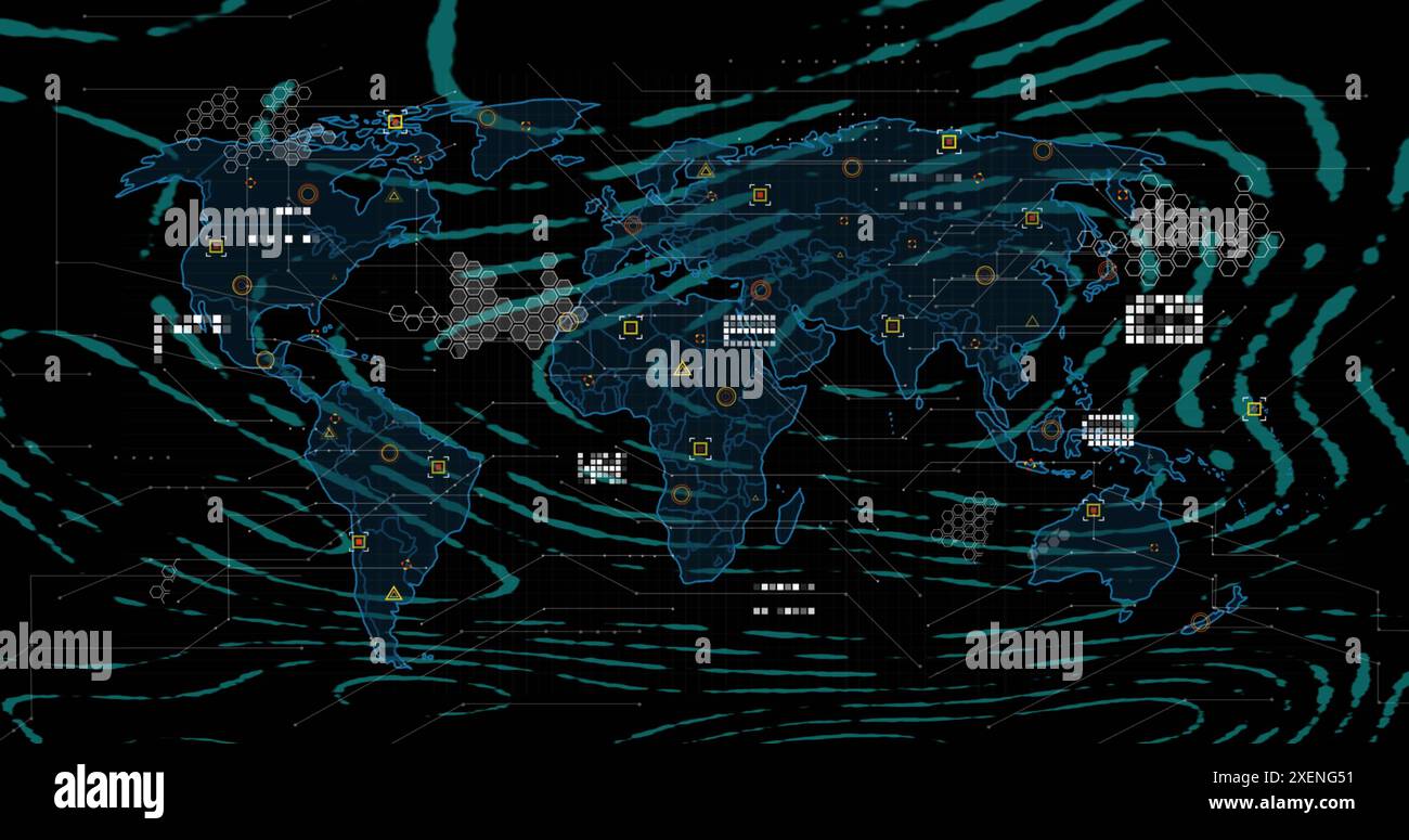 Image Of Circular Pattern Over Circuit Board Pattern On Map Against