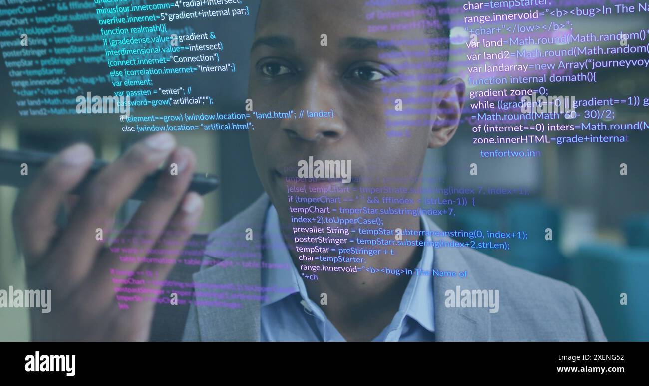 Image of computer language over african american businessman using ...