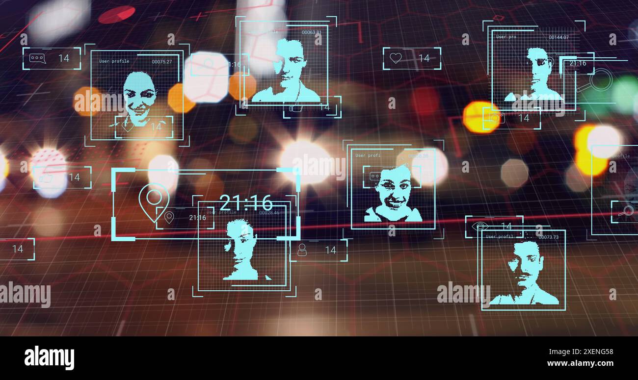 Image of multiple profile icons against blurred view of people walking on the street at night ...