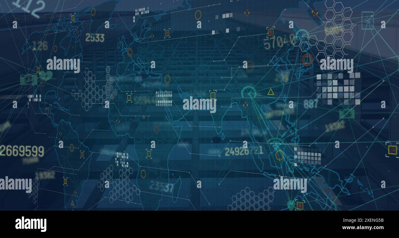 Image of financial data processing with connections and world map over modern building Stock ...