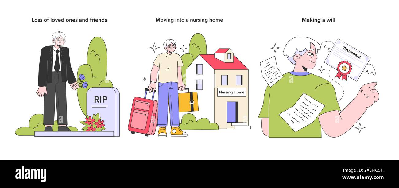 Senior life milestones set. Getting old and maturing, retirement and ...