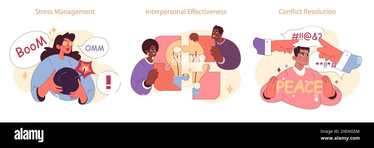 Emotional intelligence set. Diverse young characters soft social skill ...