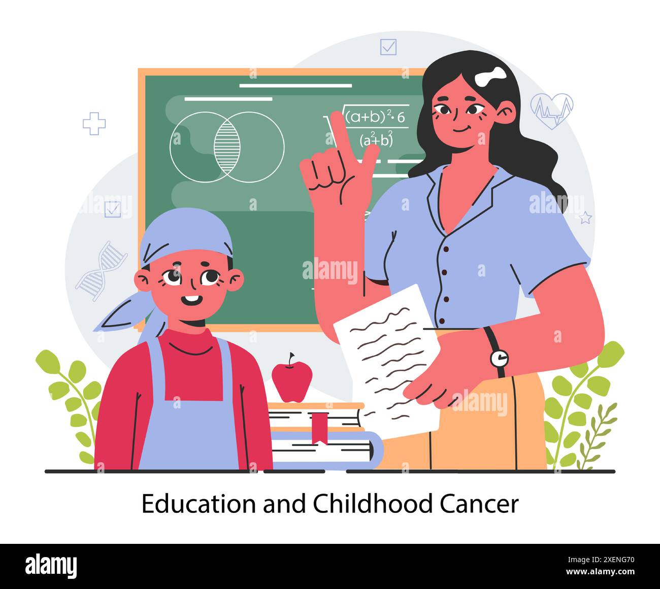 Childhood cancer hospital education. Kid wearing head scarf studying ...