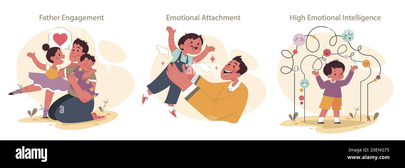 Engaged or committed fatherhood set. Childhood with father' involvement ...