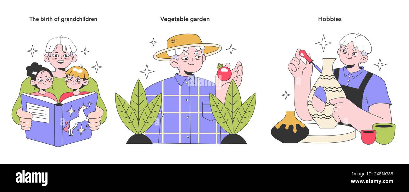 Senior life milestones set. Getting old and maturing, retirement and ...