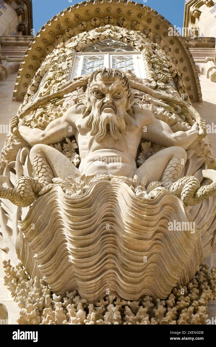 Sintra, Portugal. Pena Palace. The Greek God, Triton oversees the entry ...