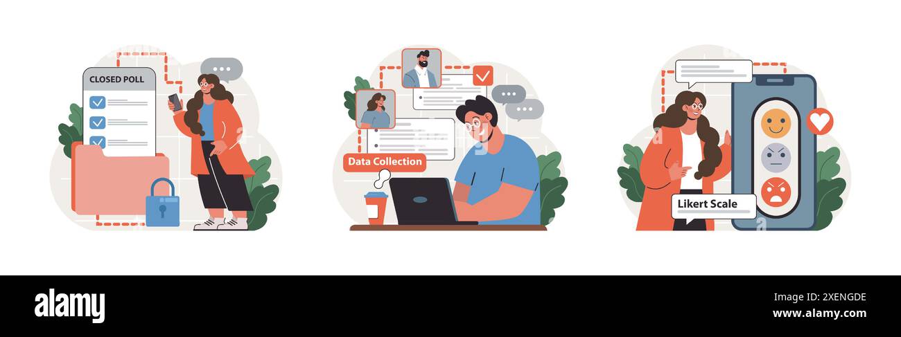 Public opinion polling set. Character participation in an online survey ...