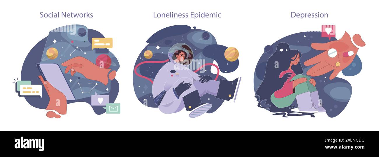 Loneliness set. Unhappy person, astronaut left alone in space ...