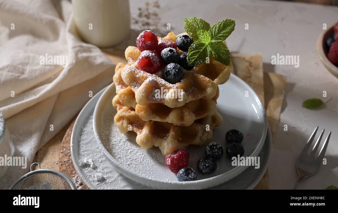 Sweet Homemade Berry Belgian Waffle with Whipped Cream Stock Photo - Alamy