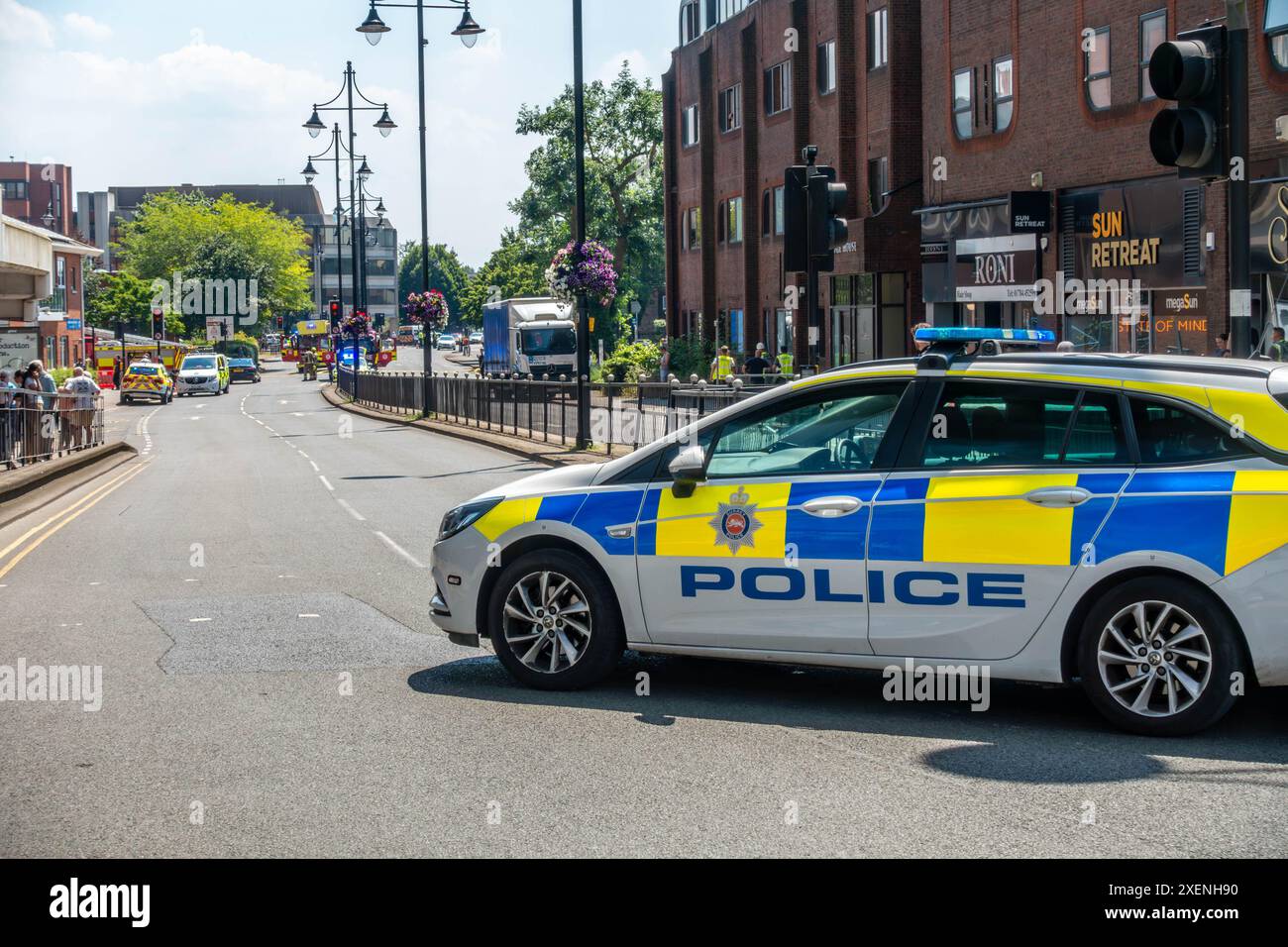 Part of the ringroad in Staines-upon-Thames is closed with a police car ...