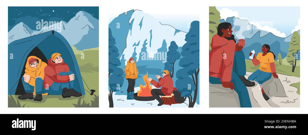 Mountaineering set. Mountain climbers with backpacks during nature ...