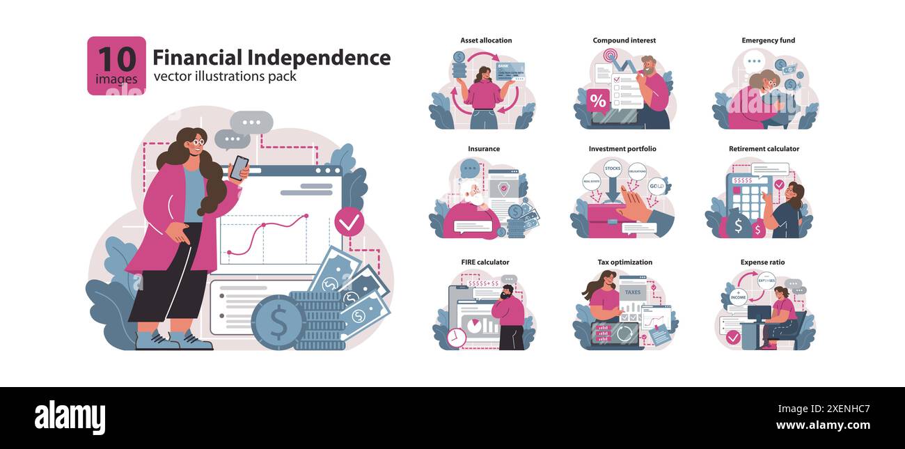 Financial independence, FIRE concept set. Money savings and investment for early retirement ...