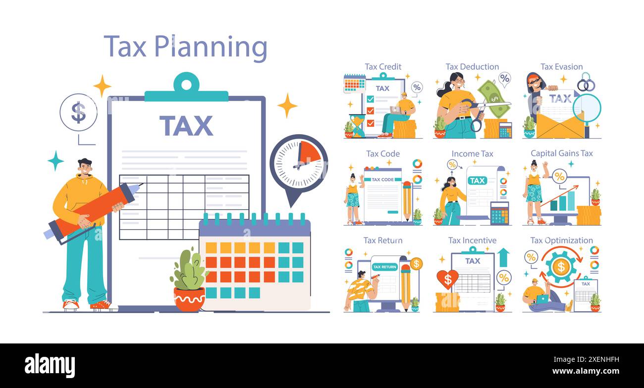 Tax optimization set. Financial efficiency, budgeting and economy idea ...