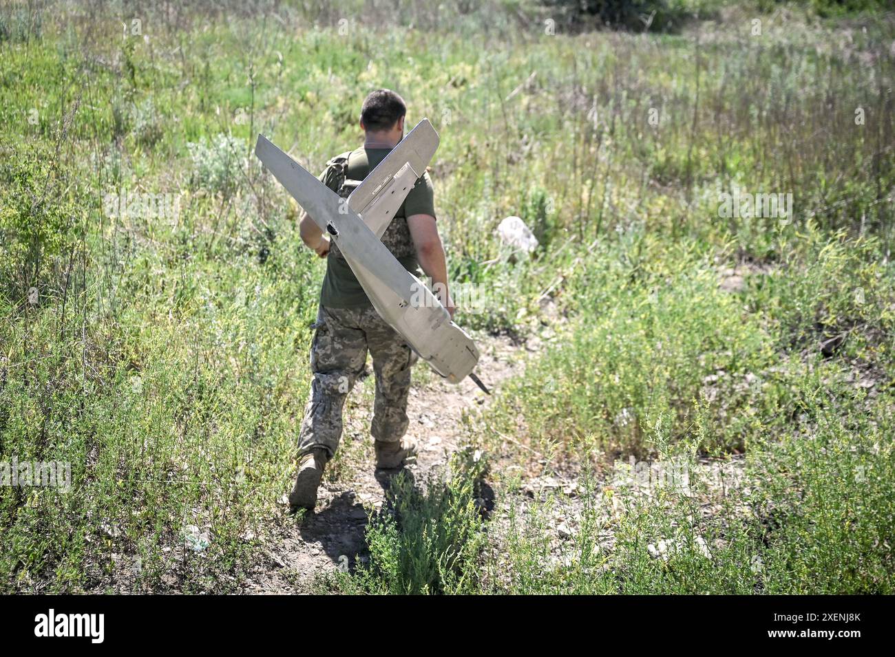 DONETSK REGION, UKRAINE - JUNE 13, 2024 - An aerial reconnaissance man ...