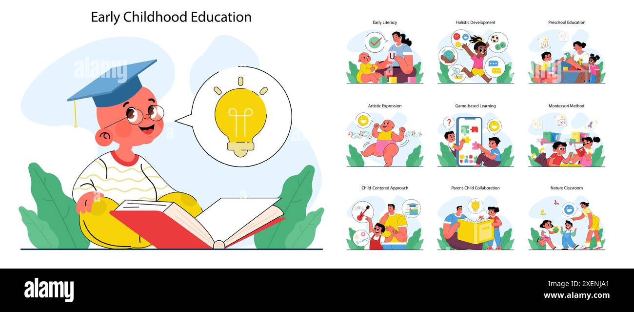 Early childhood education set. Kid preschool learning, playing and ...